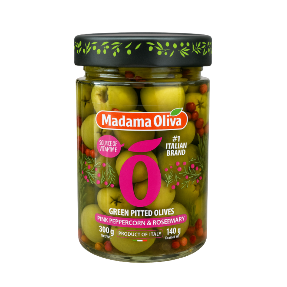 Madama Oliva Green Pitted Olives Pink Peppercorn & Rosemary 300g ...